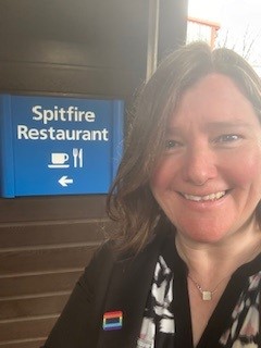 Vicki outside the Spitfire - Queen Victoria Hospital